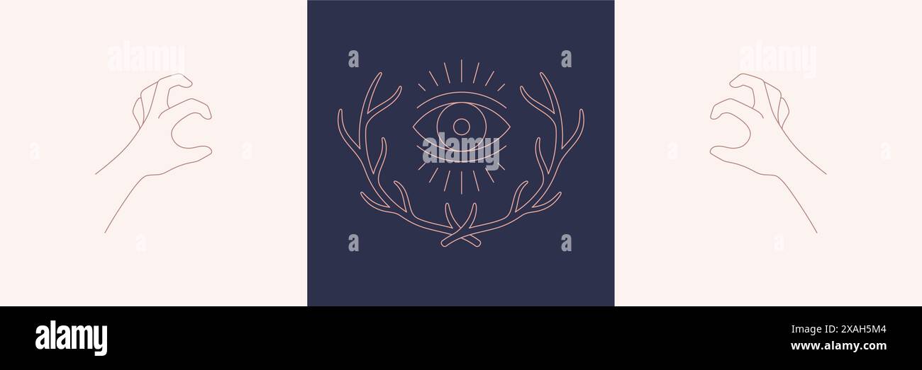 Antlers and hands with crooked fingers in boho linear style vector ...