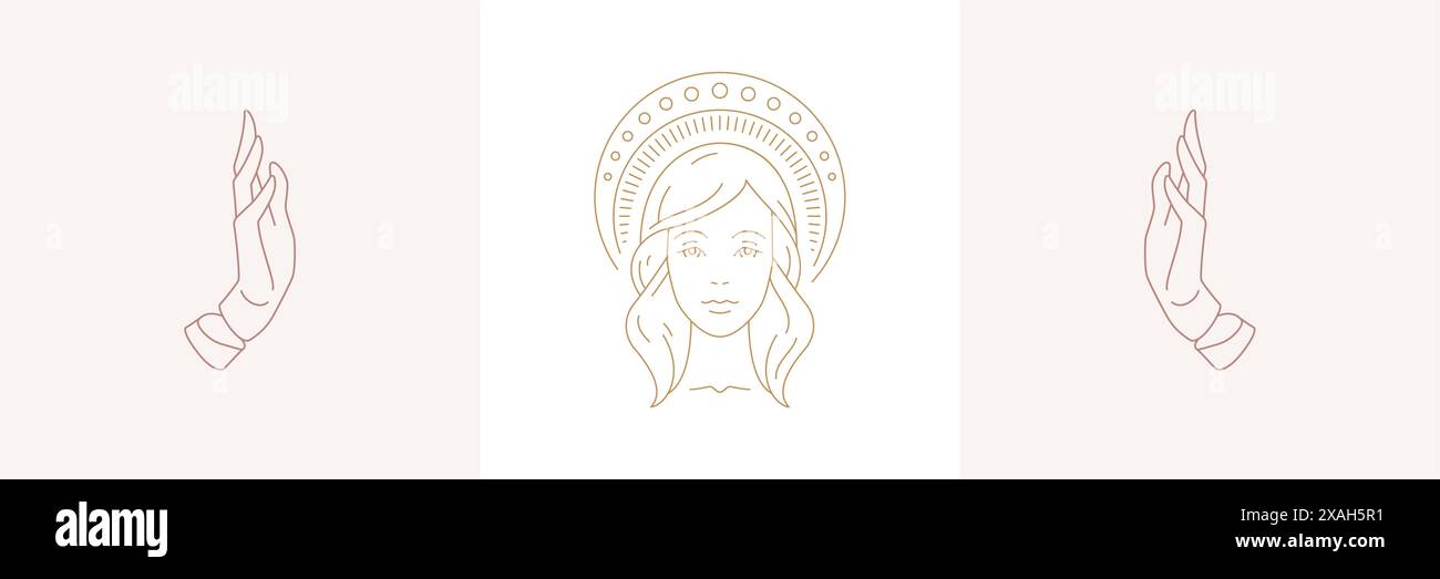 Magic woman face with halo and female praying hands gestures in boho ...