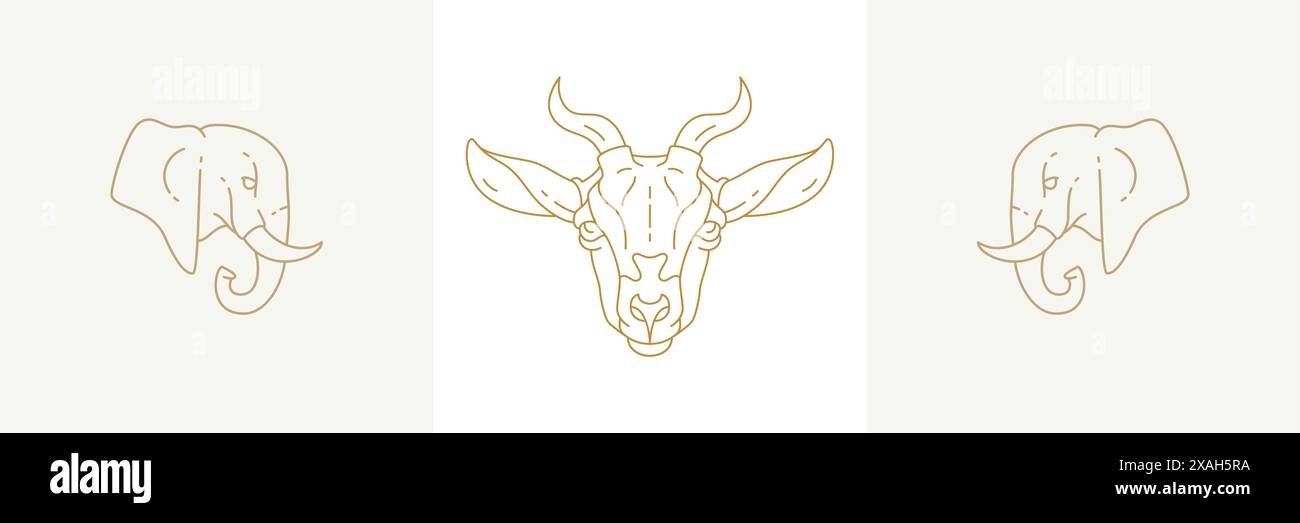 Heads of elephants and goat in linear style vector illustrations set ...