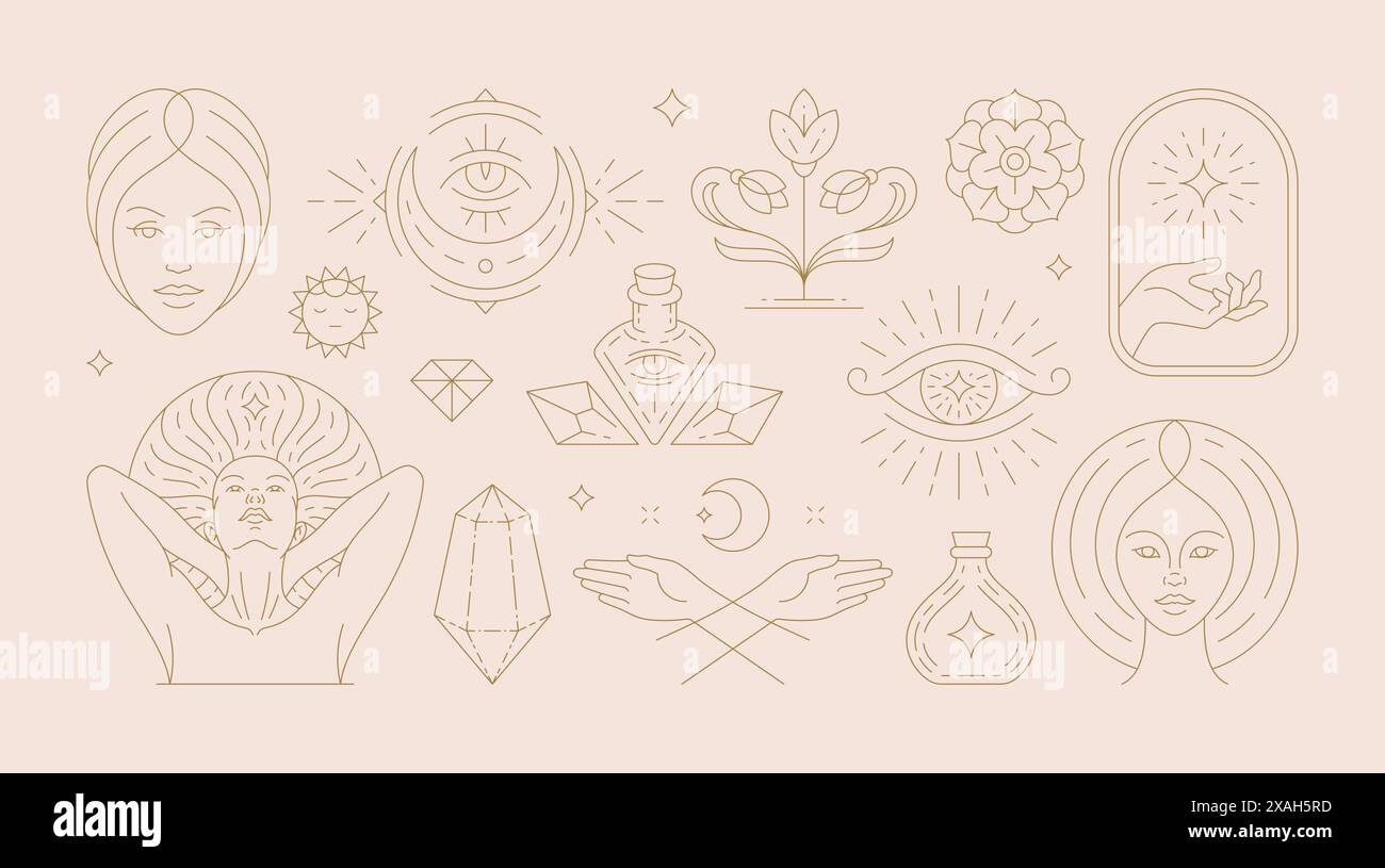 Magic woman boho vector illustrations of graceful feminine women and esoteric symbols set ...