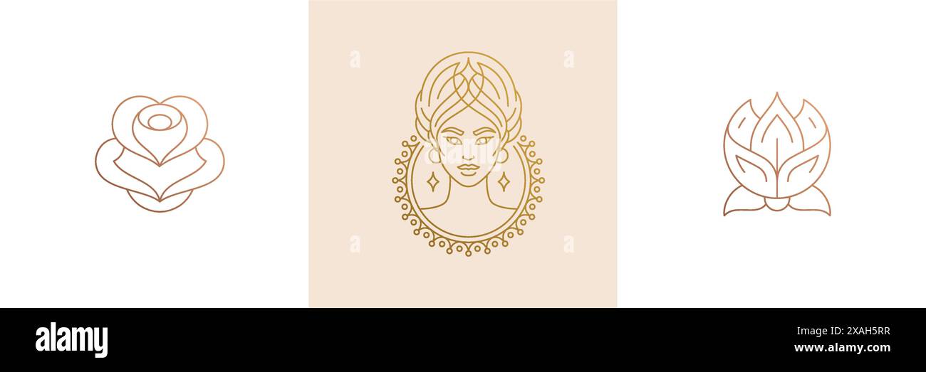 Vector line feminine decoration design elements set - flowers and ...