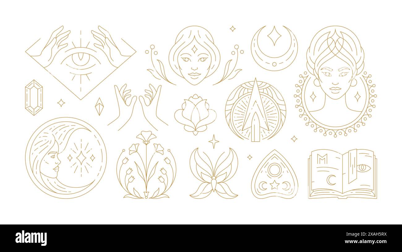Magic woman boho vector illustrations of graceful feminine women and esoteric symbols set ...