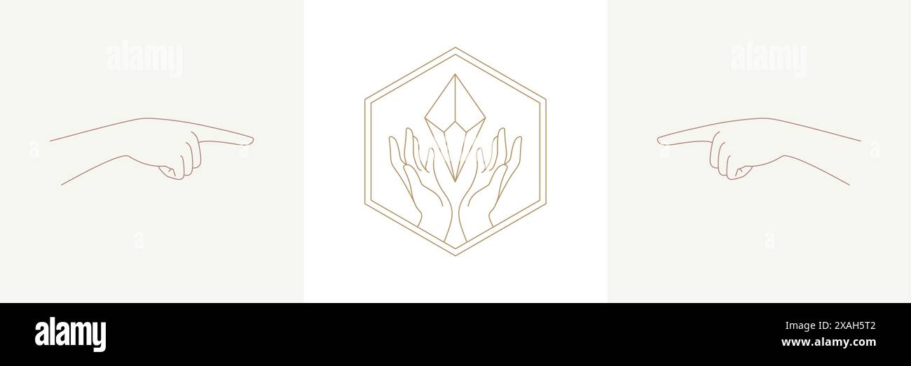 Woman hands with diamond in boho linear style vector illustrations set ...