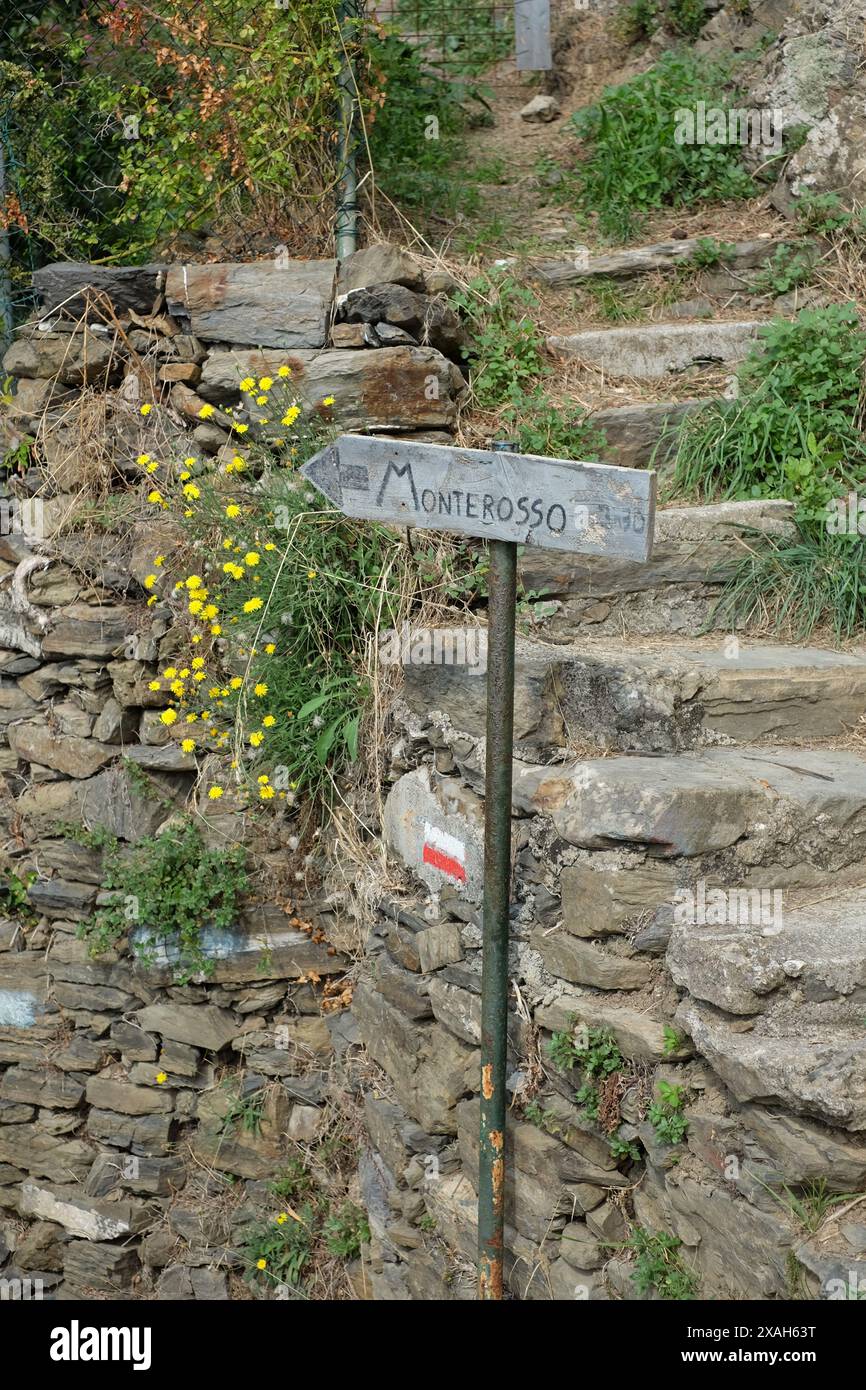 A homemade direction sign, an arrow pointing to Monterosso & painted ...