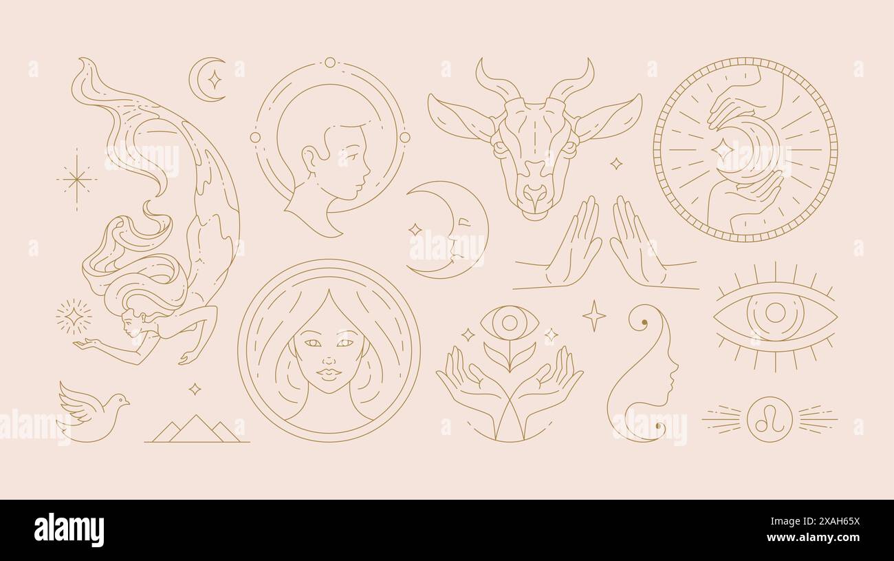Magic woman boho vector illustrations of graceful feminine women and ...