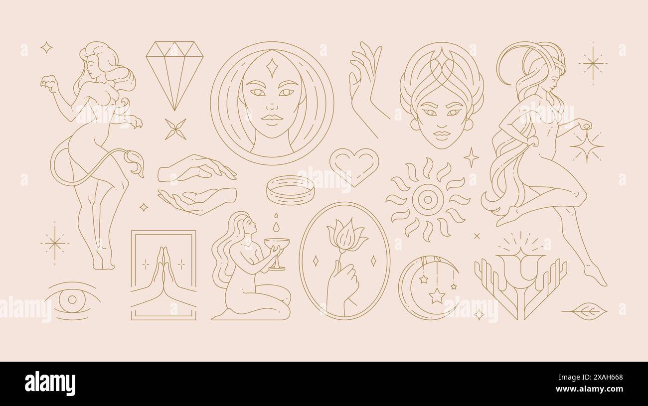 Magic woman boho vector illustrations of graceful feminine women and ...