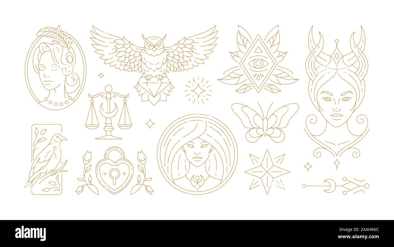Magic woman boho vector illustrations of graceful feminine women and esoteric symbols set ...