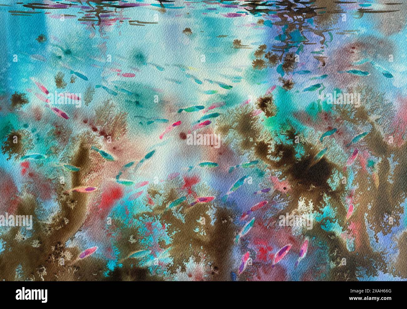 Sun rays, fish and stones underwater watercolor background Stock Photo ...