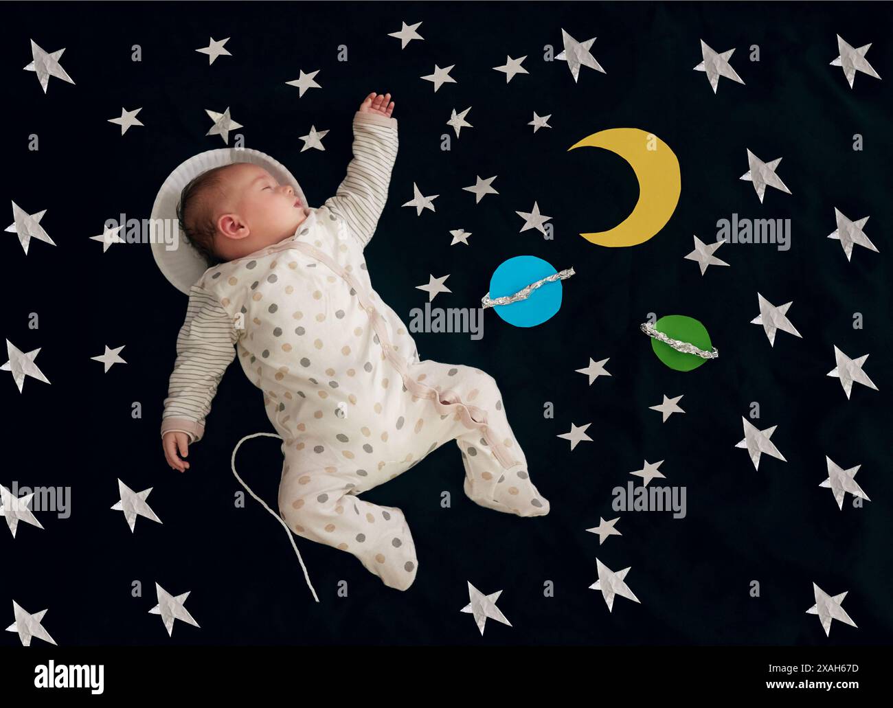 Baby, sleeping and stars on blanket for nap as top view with space ...