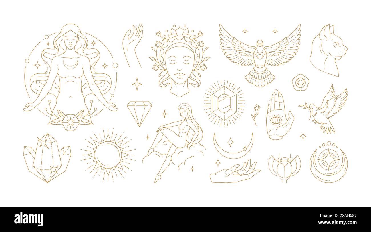 Magic woman boho vector illustrations of graceful feminine women and esoteric symbols set ...