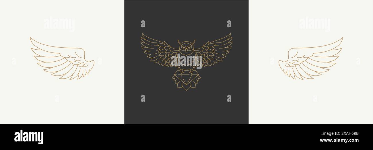 Magic linear wings of nocturnal wild owl in boho linear style vector ...
