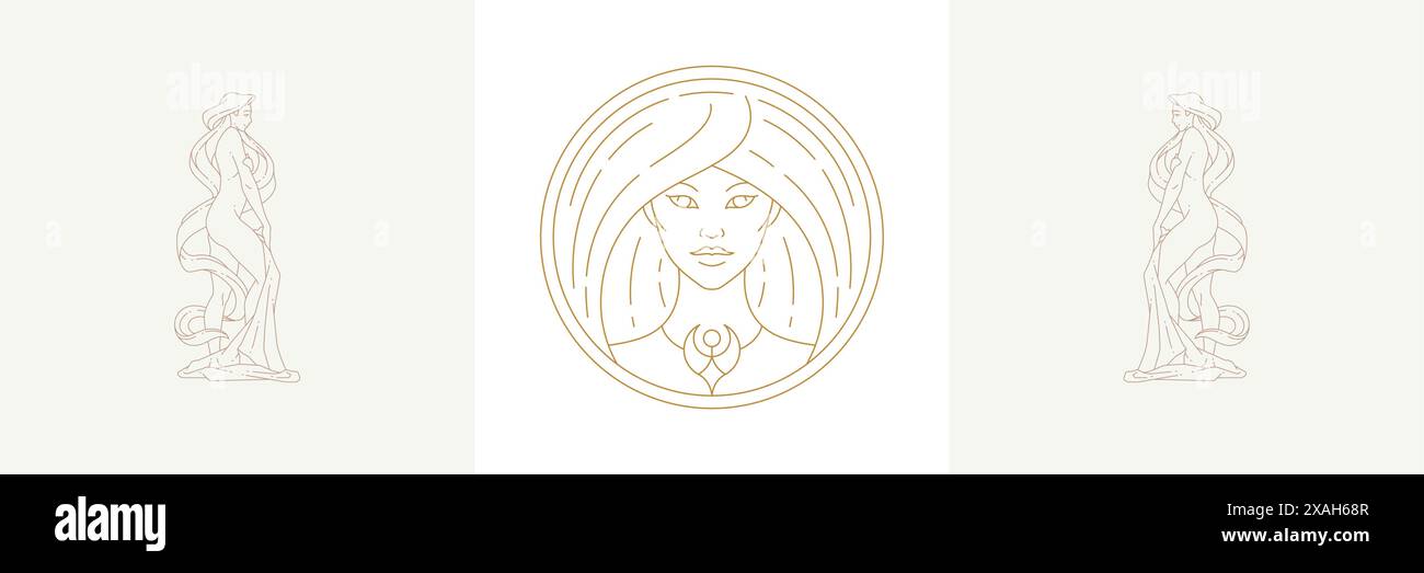 Magic woman circle head and female virgo in boho linear style vector ...