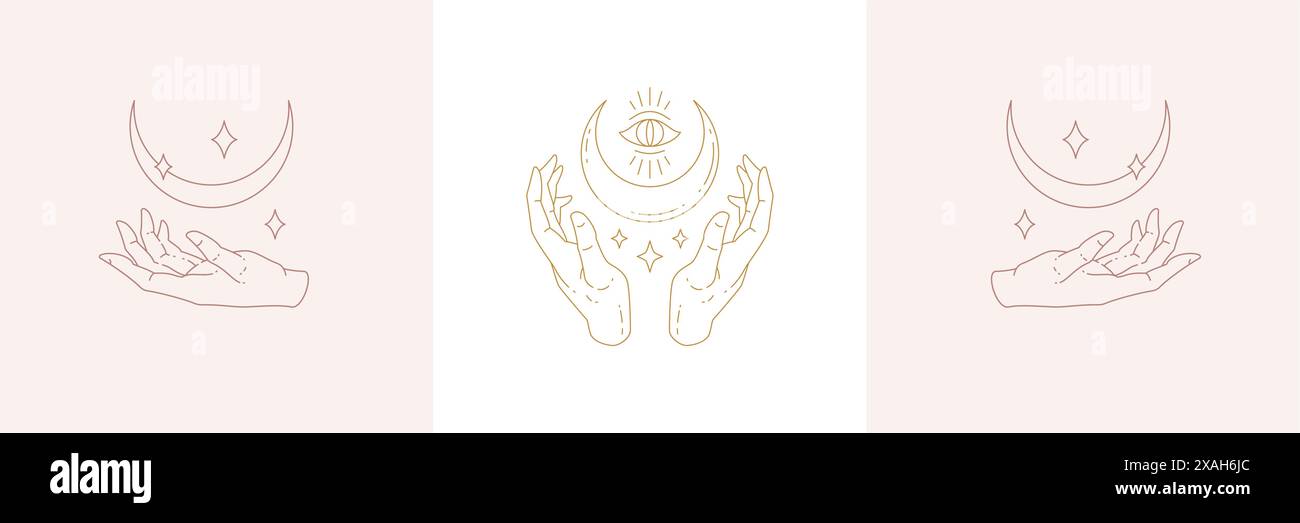 Magic hands and moon crescent in boho linear style vector illustrations ...