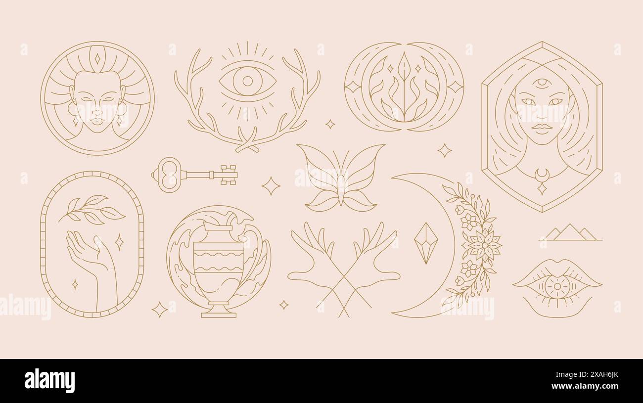 Magic woman boho vector illustrations of graceful feminine women and esoteric symbols set ...