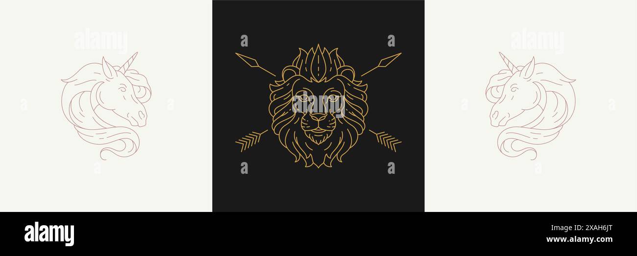 Magical heads of unicorns and lion with arrows in linear style vector ...