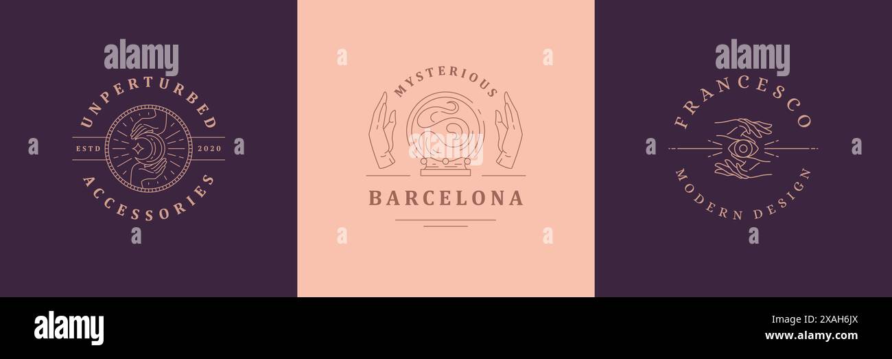 Magic logos emblems design templates set with mystic moon and female ...