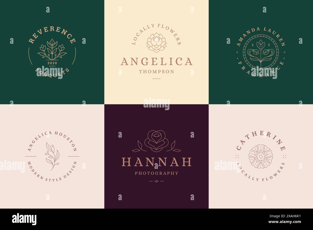 Flower logos emblems design templates set with botanical plants and ...