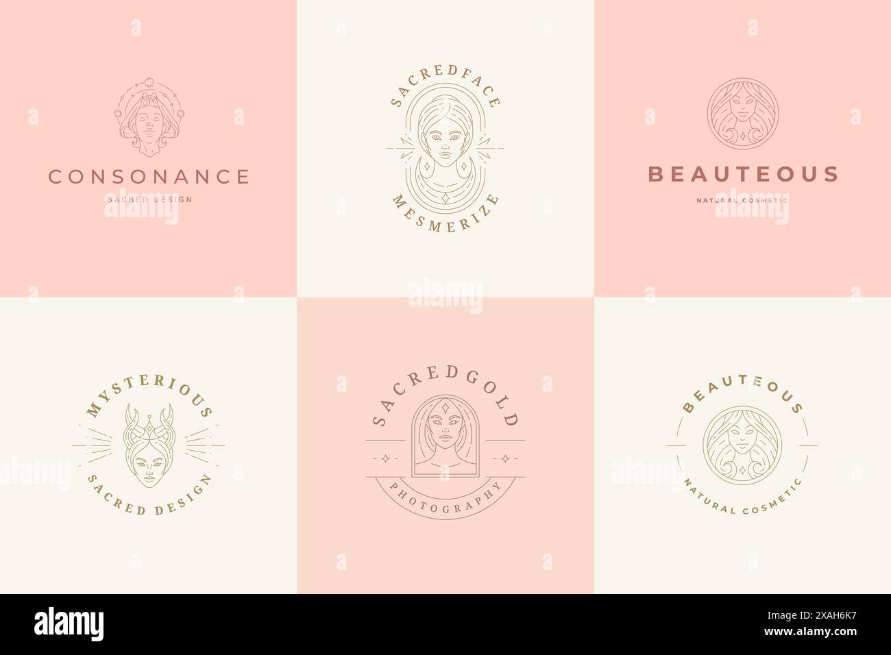 Feminine logos emblems design templates set with magic female portraits ...