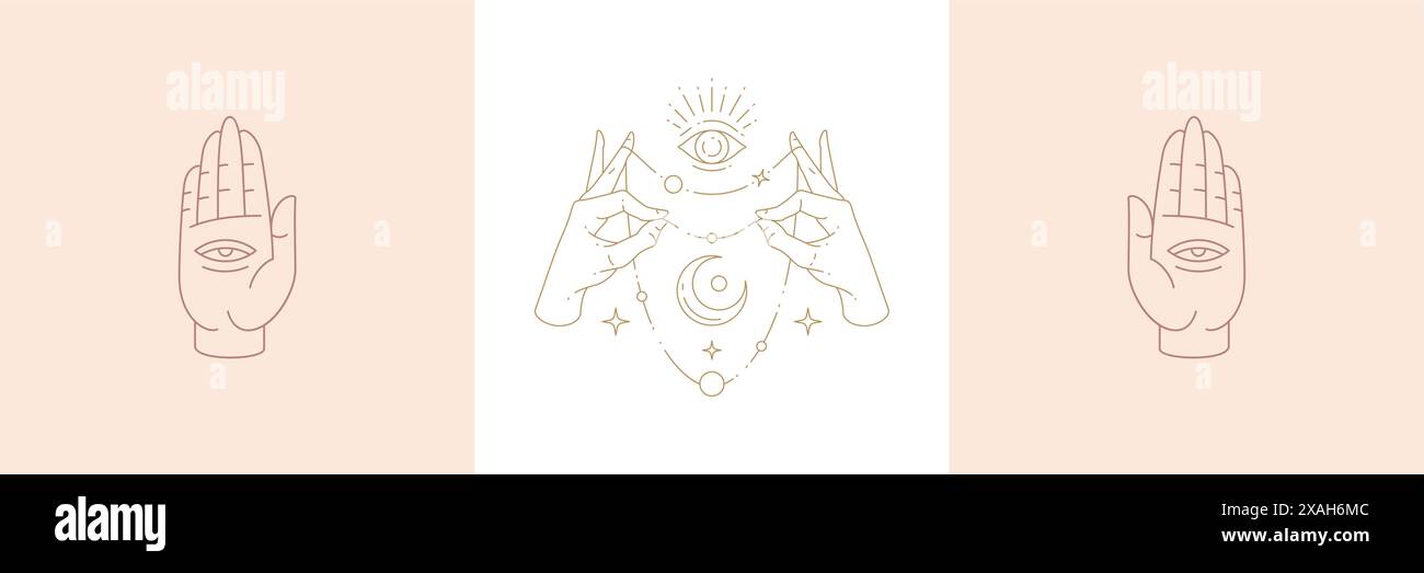 Magic eyes and hands palms with moon in boho linear style vector ...