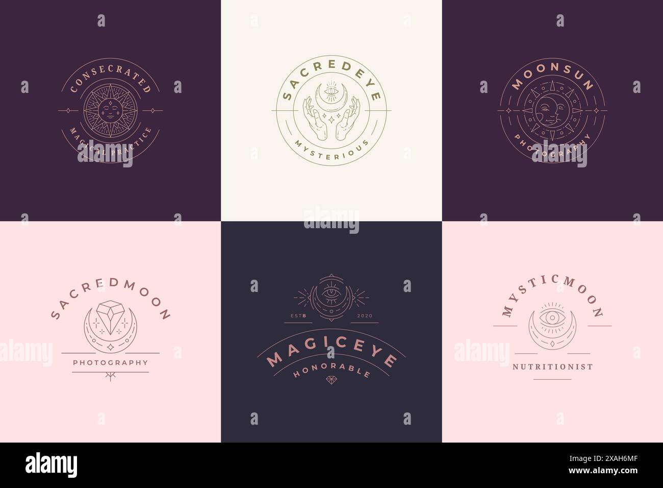 Mystic logos emblems design templates set with magic moon and sun ...