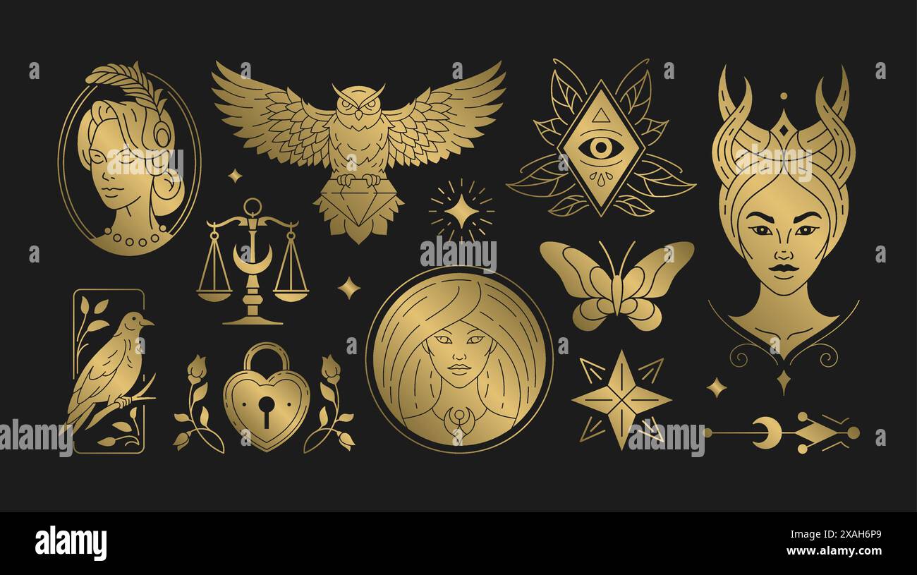 Magic woman boho vector illustrations of graceful feminine women and esoteric symbols set ...