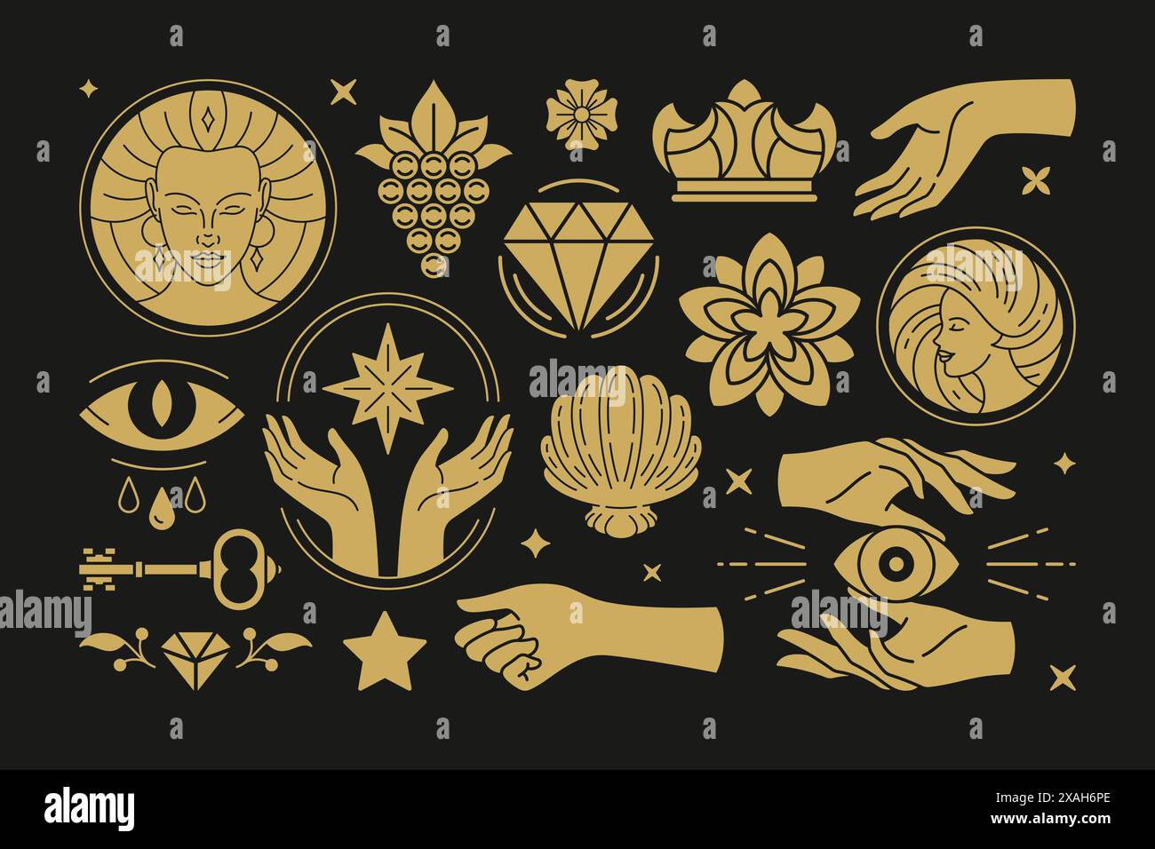 Esoteric magic and witch vector design elements set with female hands gestures. Hand drawn ...