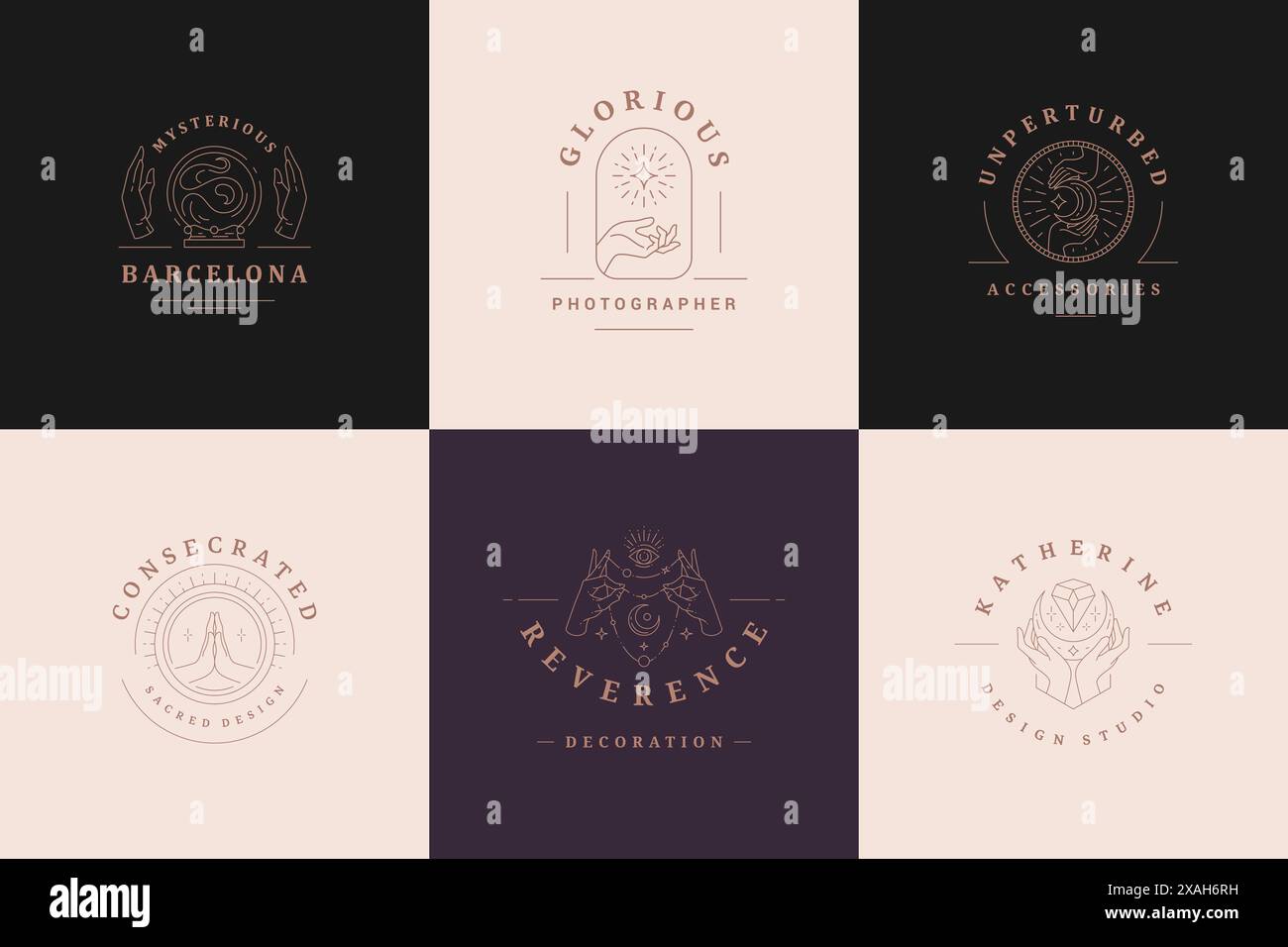 Magic logos emblems design templates set with mystic moon and female ...