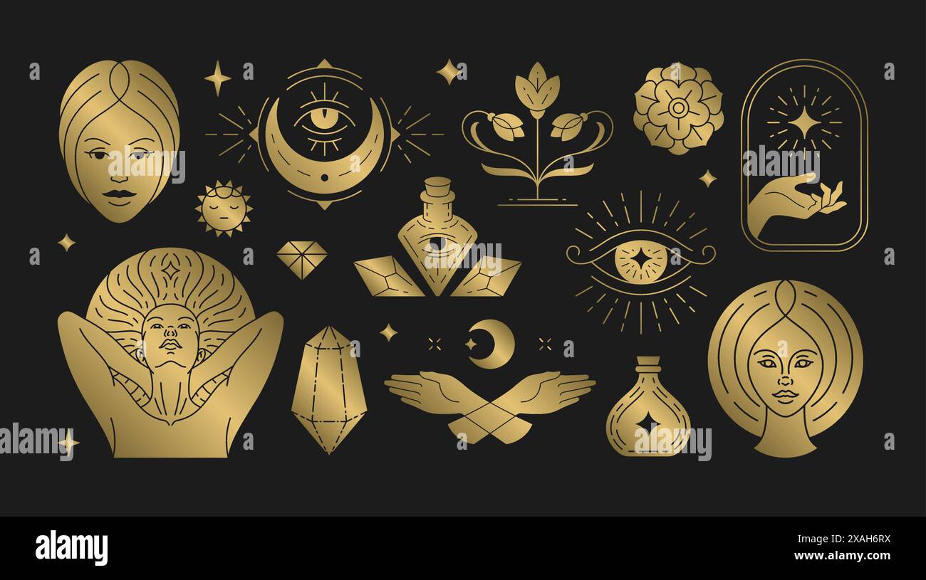 Magic woman boho vector illustrations of graceful feminine women and esoteric symbols set ...