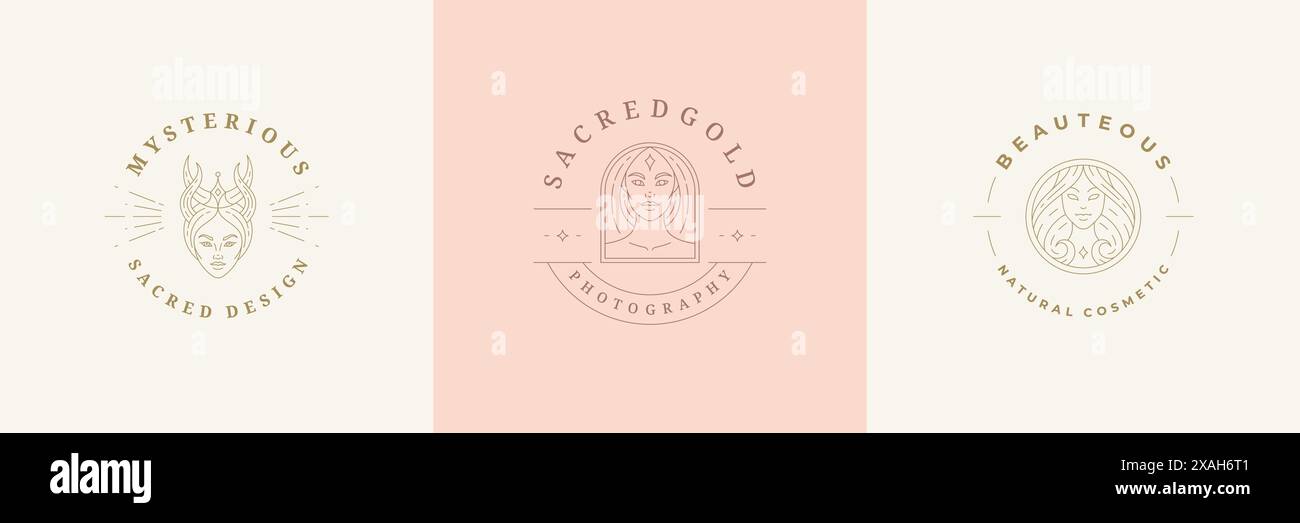 Feminine logos emblems design templates set with magic female portraits ...