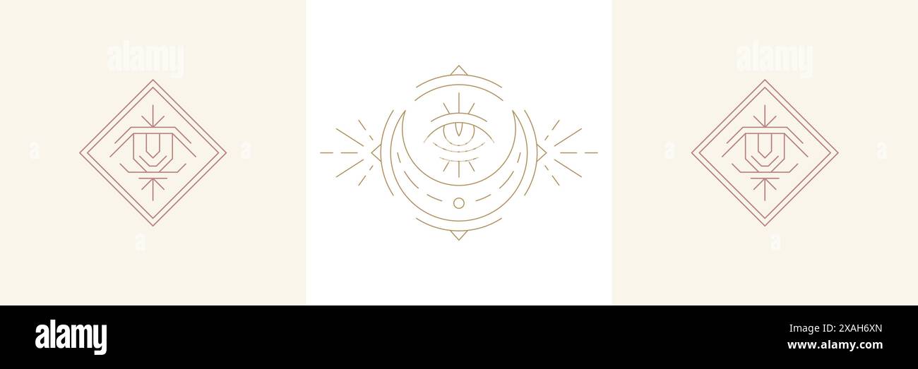 Magical eye of wisdom and moon crescent in boho linear style vector ...