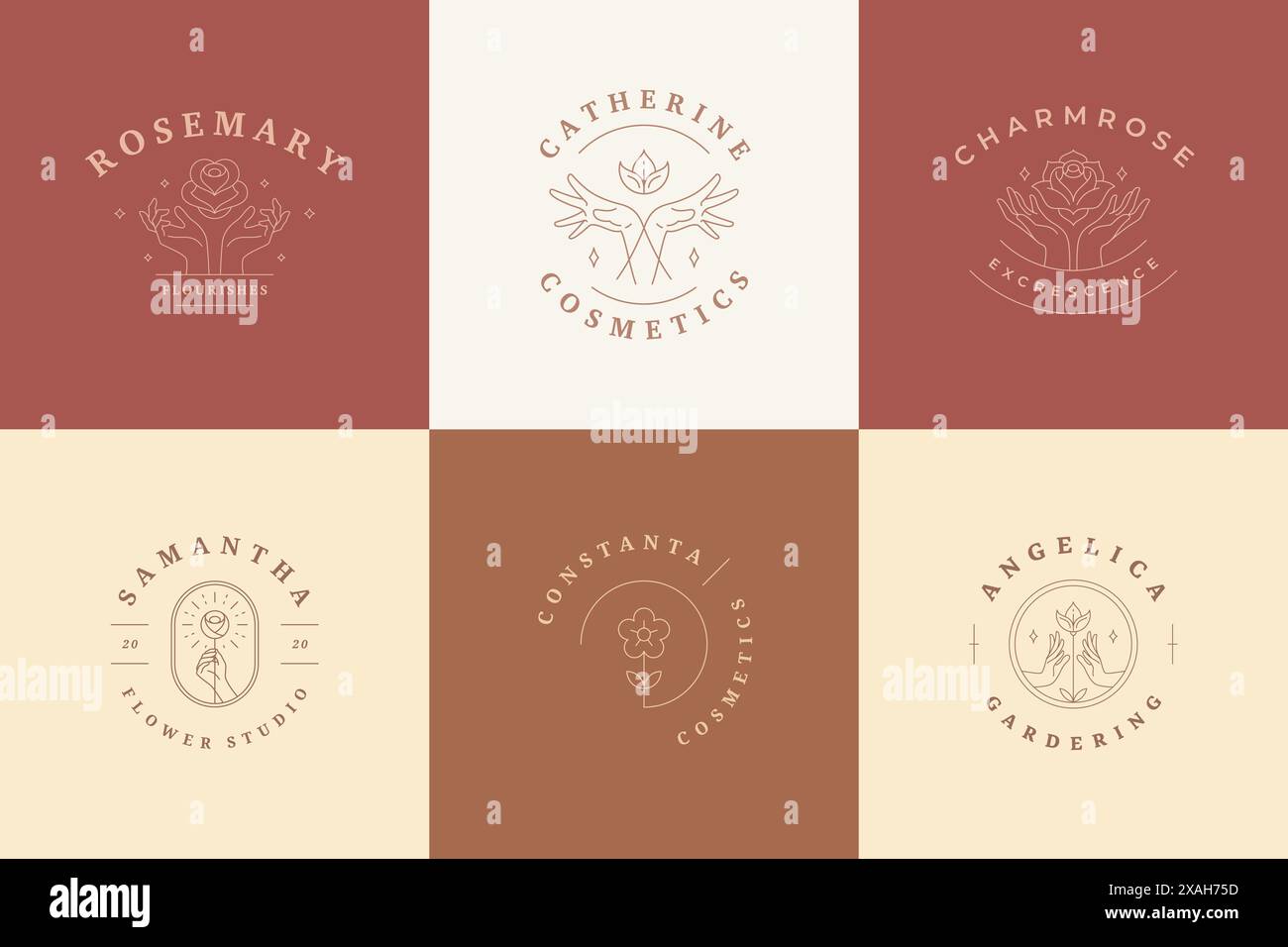 Feminine logos emblems design templates set with woman hands and ...