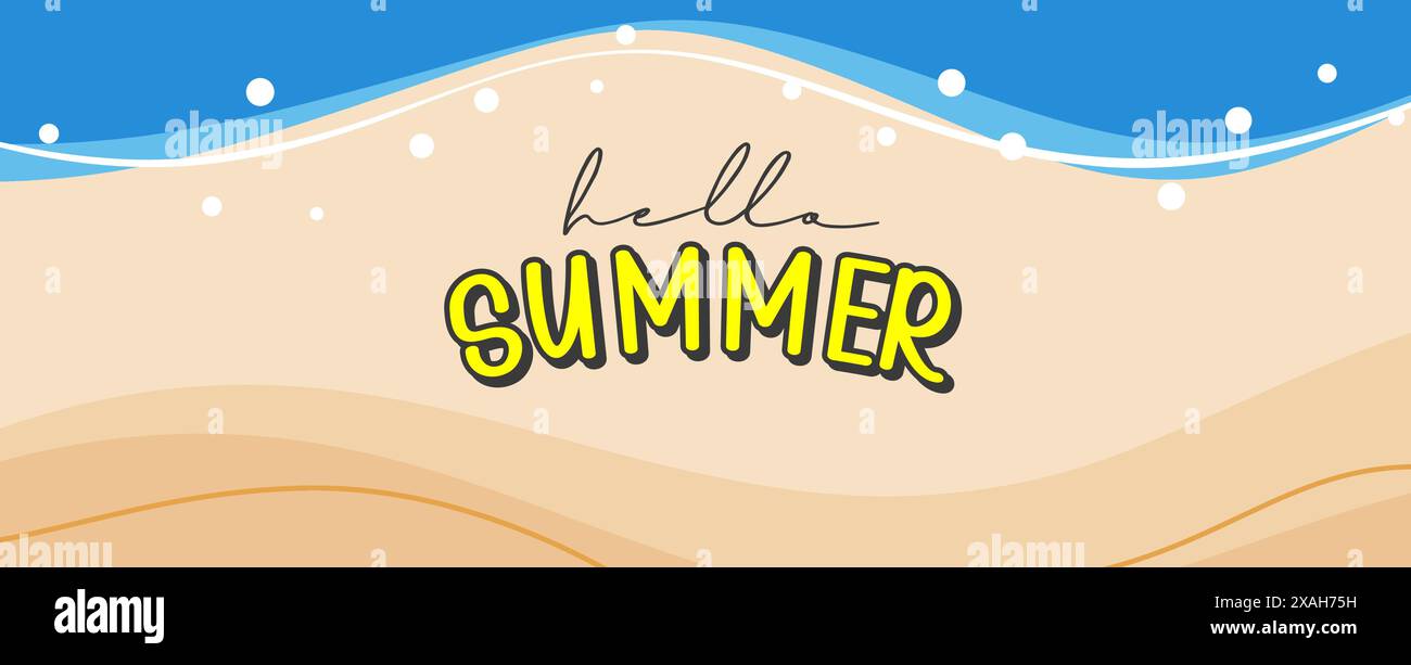 Hello summer banners design hand drawn style. Summer with cartoon sand ...
