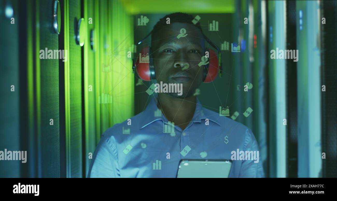 Image of business icons over african american man in server room Stock ...