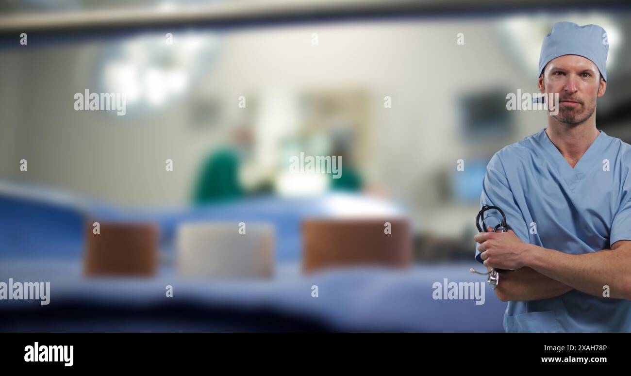 Image of caucasian male doctor over hospital Stock Photo - Alamy