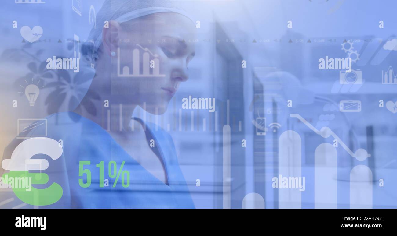 Image of media icons over caucasian female nurse using tablet Stock ...