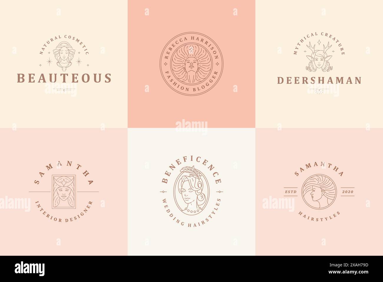 Feminine logos emblems design templates set with magic woman portraits ...