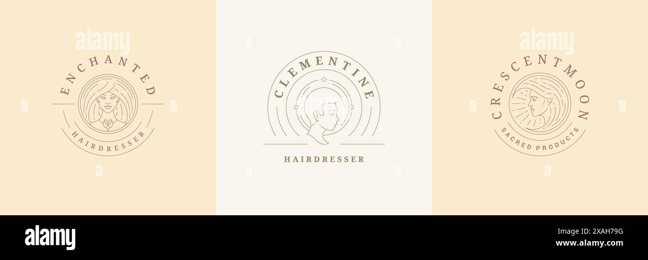 Feminine logos emblems design templates set with magic female portraits ...
