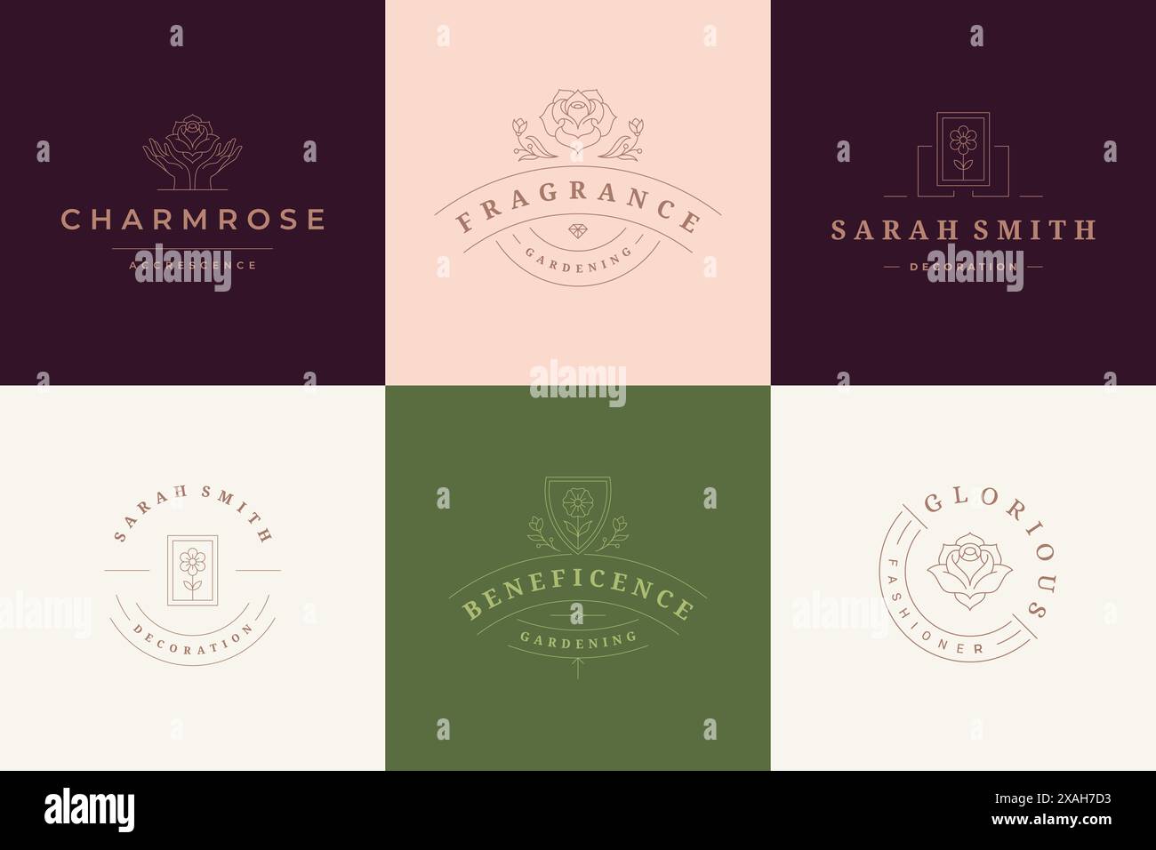 Flower logos emblems design templates set with botanical plants and ...