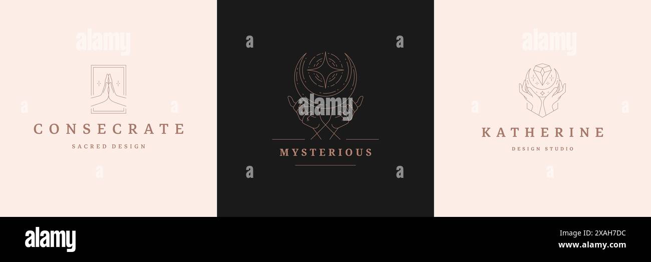 Mystic logos emblems design templates set with magic moon and female ...