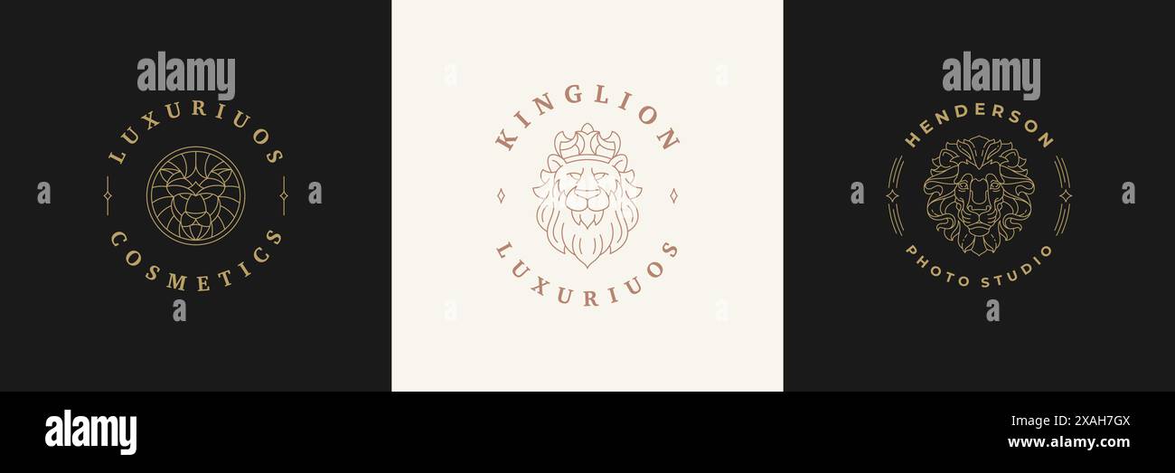 Lion head logos templates set linear vector illustration. Elegant ...