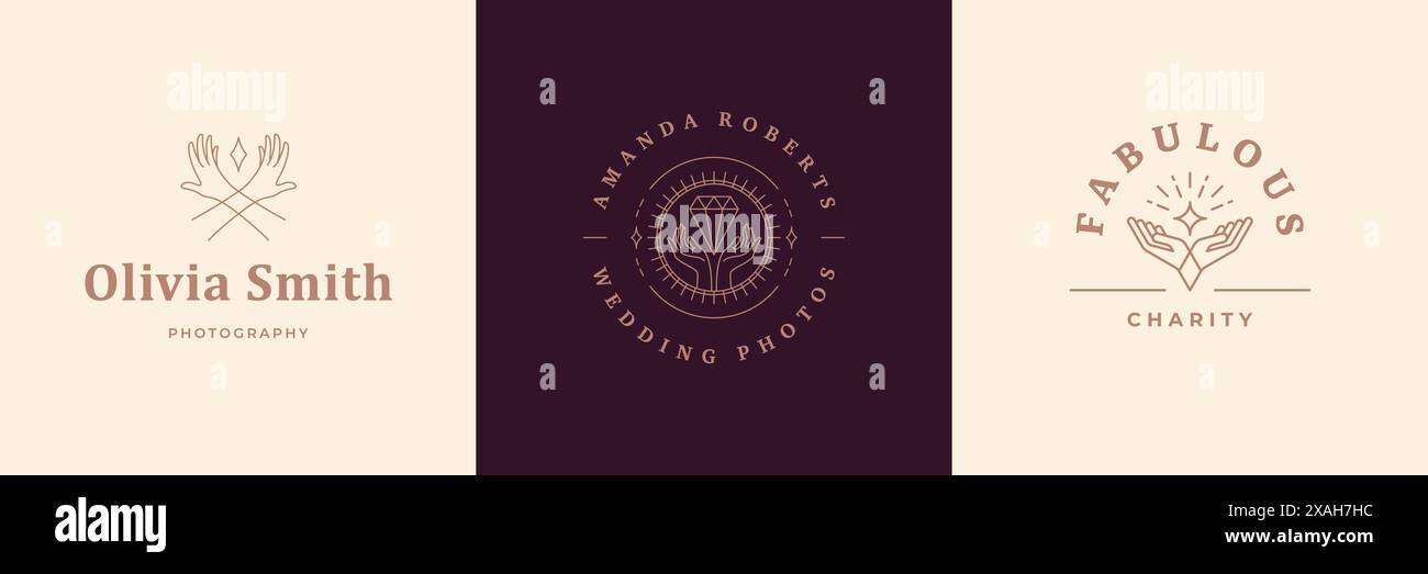 Feminine logos emblems design templates set with female hands gestures ...