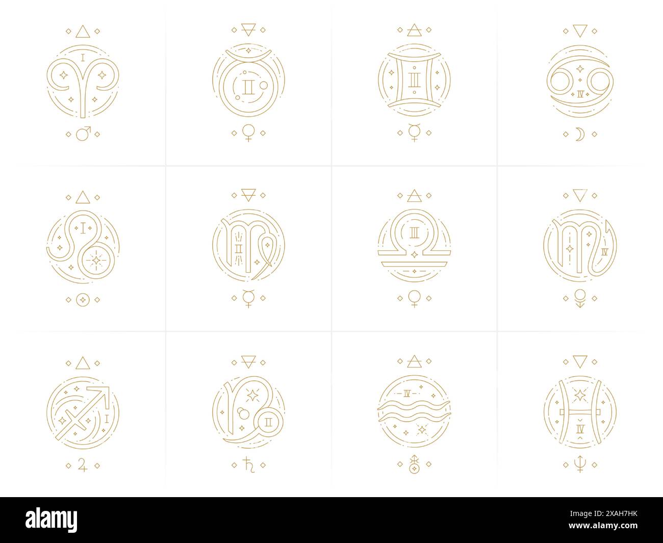 Zodiac astrology horoscope glyphs linear design vector illustrations set. Elegant line art ...