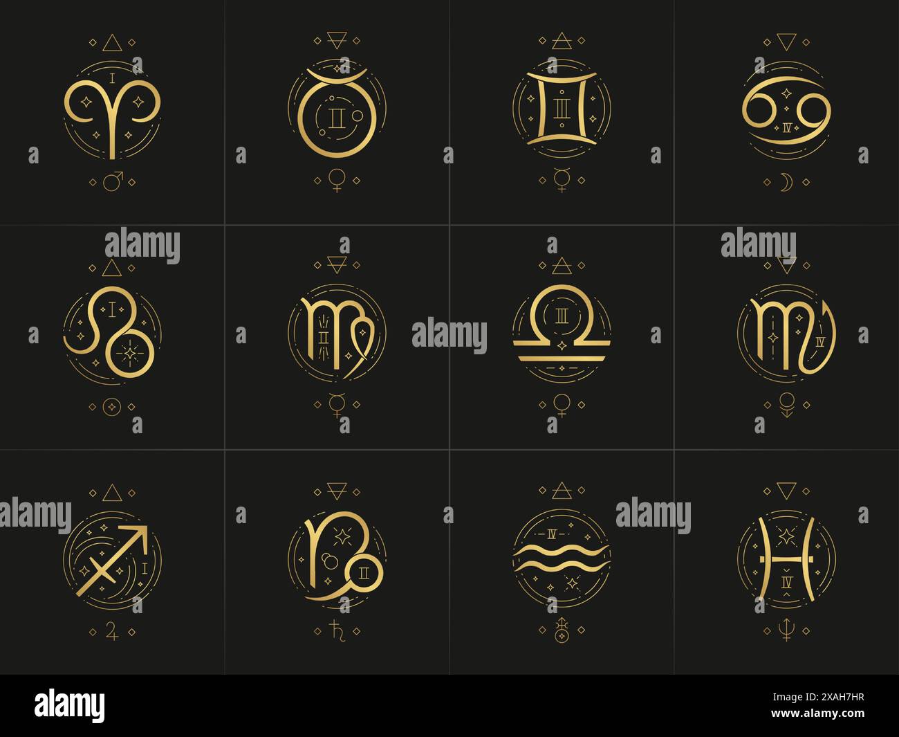 Zodiac Astrology Horoscope Glyphs Linocut Silhouettes Design Vector