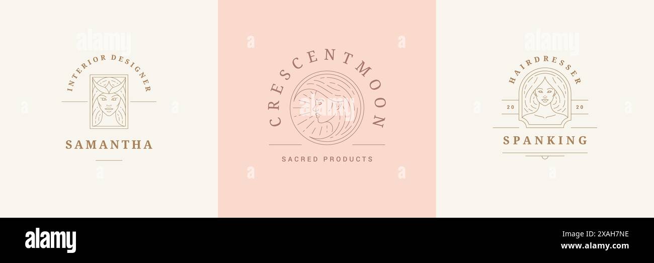 Feminine logos emblems design templates set with magic female portraits ...