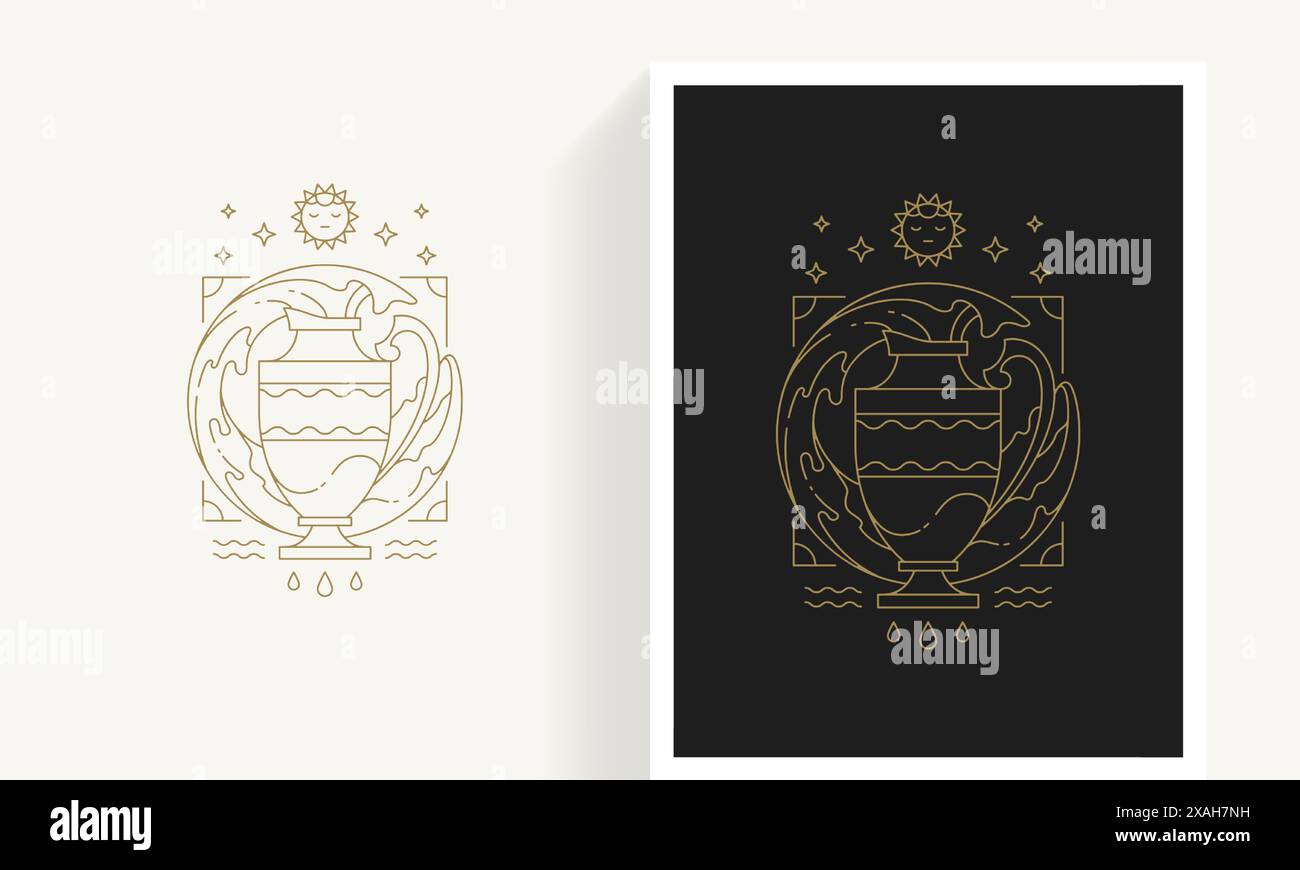 Zodiac aquarius horoscope sign line art silhouette design vector ...