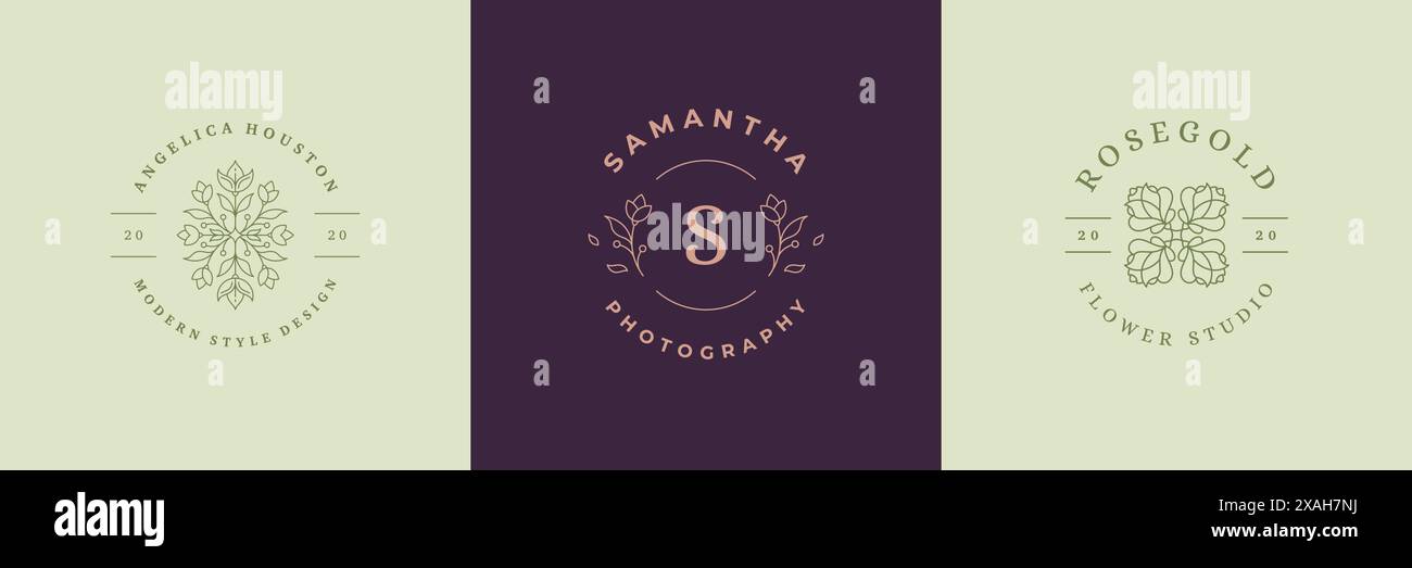 Flower logos emblems design templates set with botanical plants and ...
