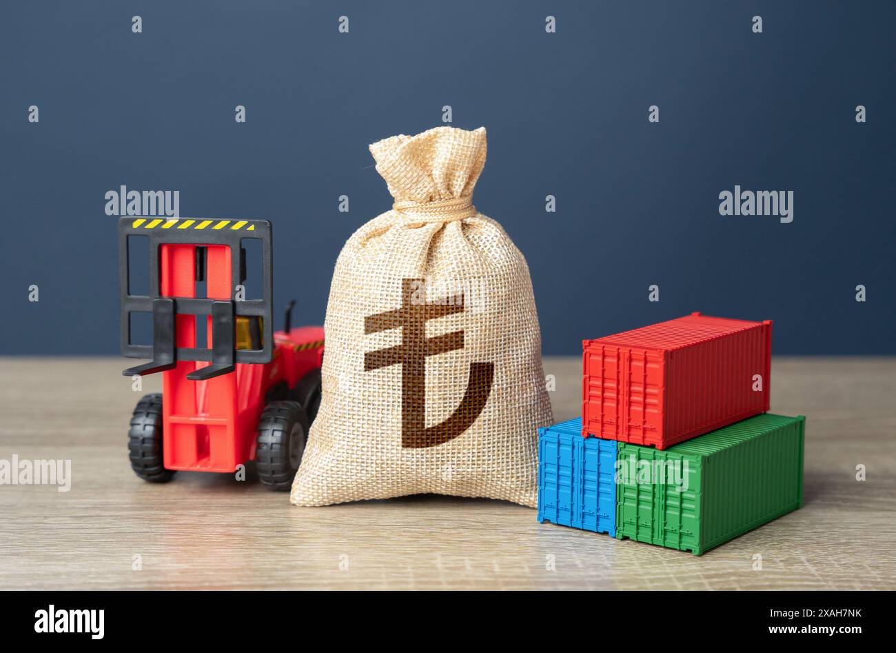 Forklift with shipping containers and turkish lira money bag. Import or ...