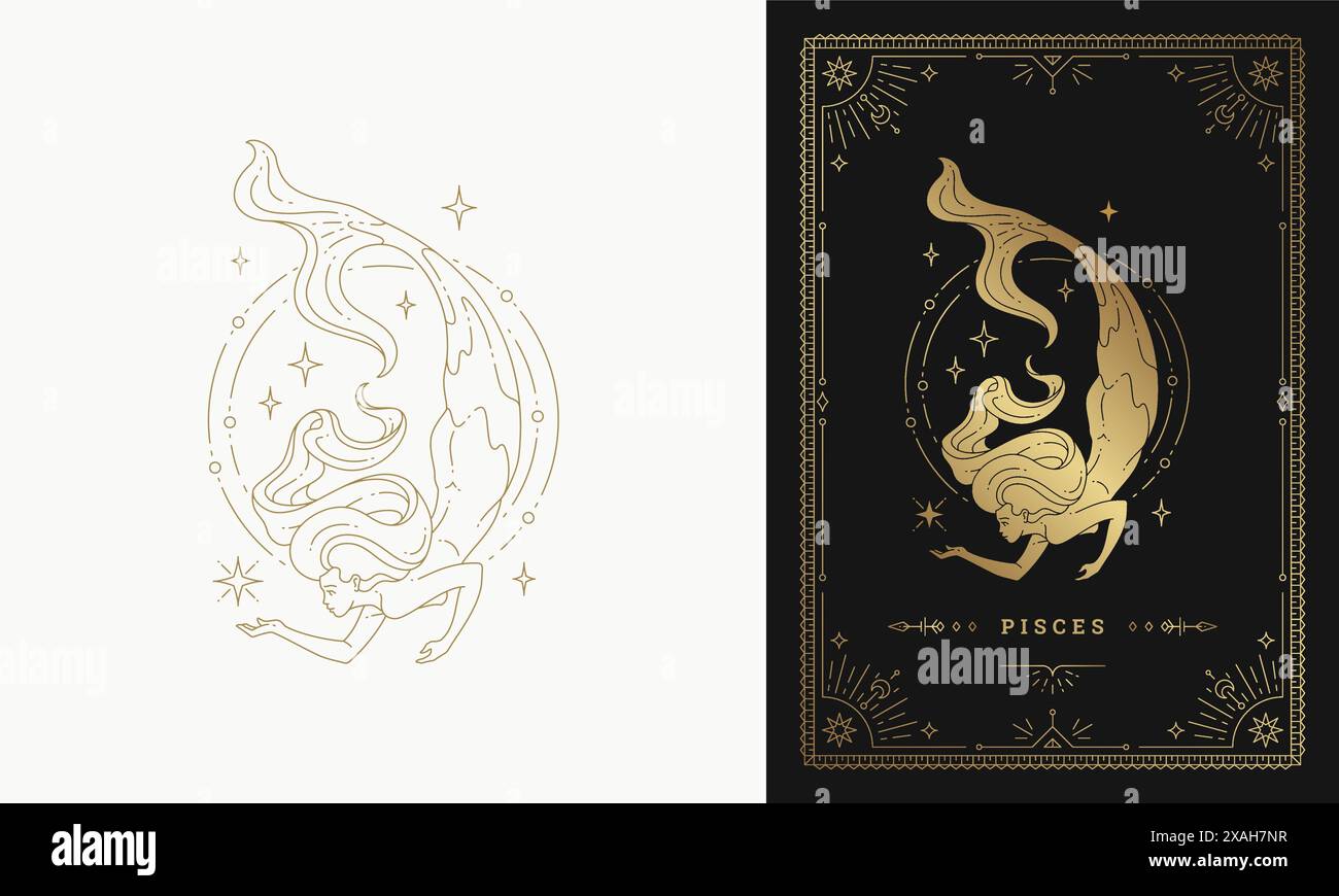 Zodiac pisces girl character horoscope sign line art silhouette design ...