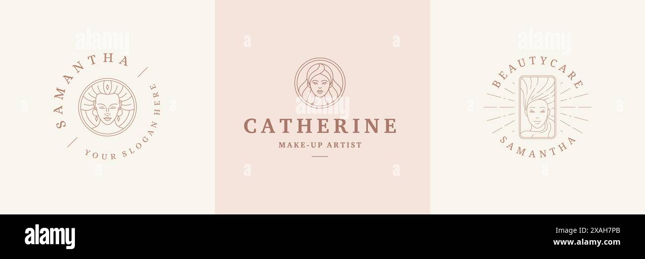 Feminine logos emblems design templates set with female portraits ...