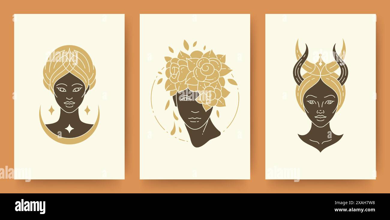 Set of abstract female portraits silhouettes modern line art drawing ...